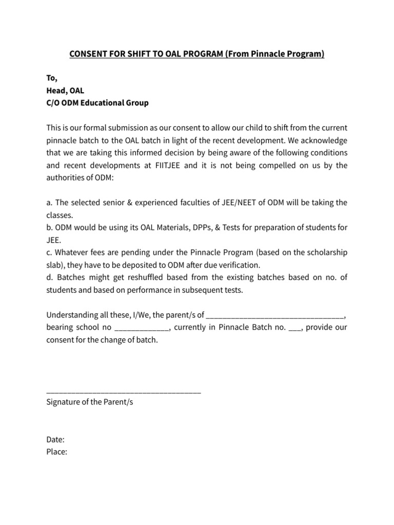 CONSENT FOR SHIFT TO OAL PROGRAM (From Pinnacle Program) | PDF