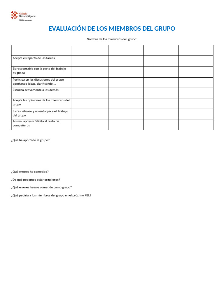 Tabla de Evaluación Grupal | PDF