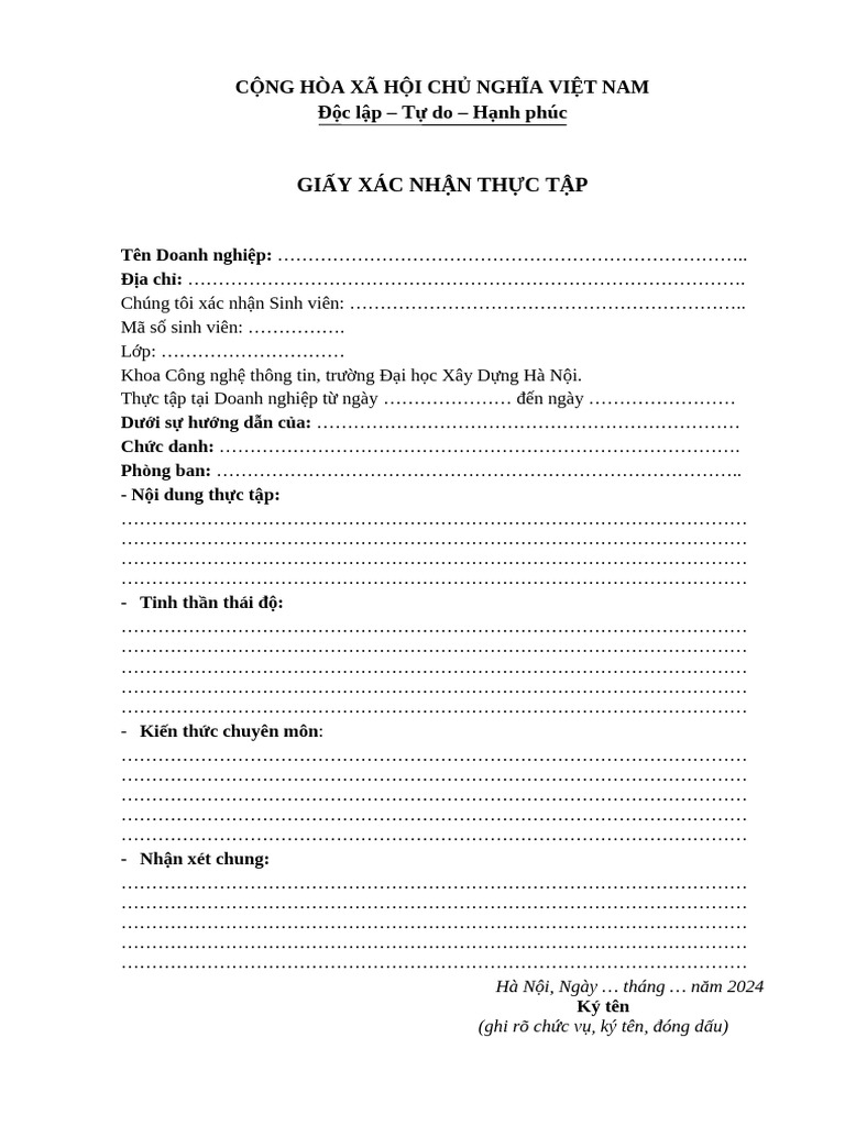 Mau Giay Xac Nhan Thuc Tap | PDF