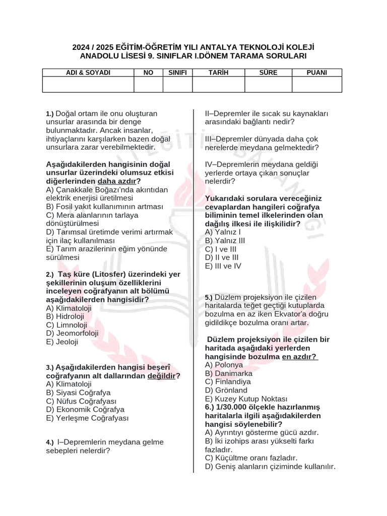 9.sınıf Coğ Tarama | PDF