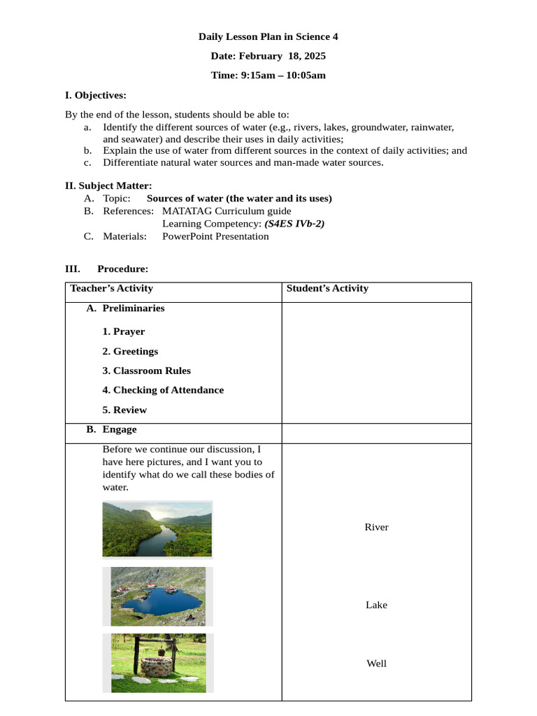 Science 4: Water Sources Lesson Plan | PDF | Water | Groundwater
