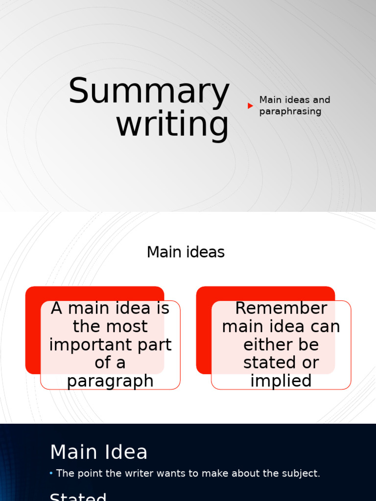 Presentation on summary writing (main idea and paraphrasing) (2) | PDF ...