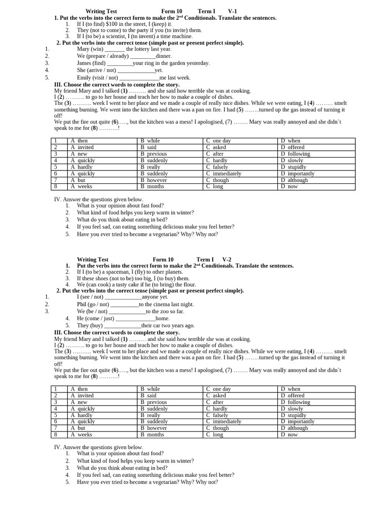 Writing Test Form 10 Term I V | PDF | Language Mechanics | Grammar