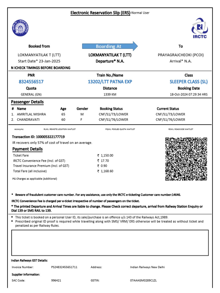 Electronic Reservation Slip for Train Booking | PDF | Identity Document ...