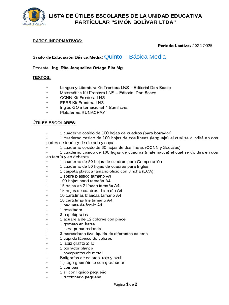 Lista de Utiles Escolares 5to Grado Ing. Rita Ortega | PDF | Lápiz