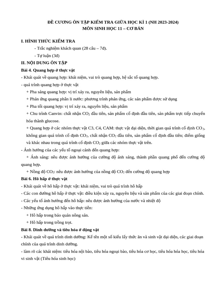 De Cuong Kiem Tra Giua HK1 - Sinh Học 11 | PDF