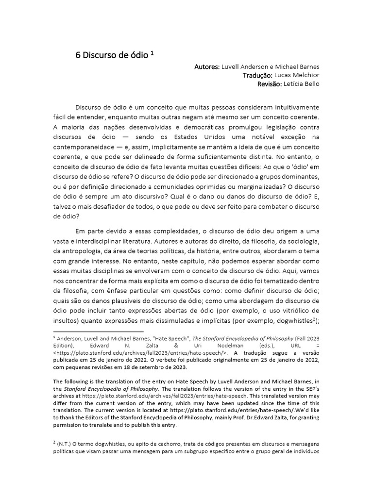 Definição e Impactos do Discurso de Ódio | PDF | Discurso de ódio ...