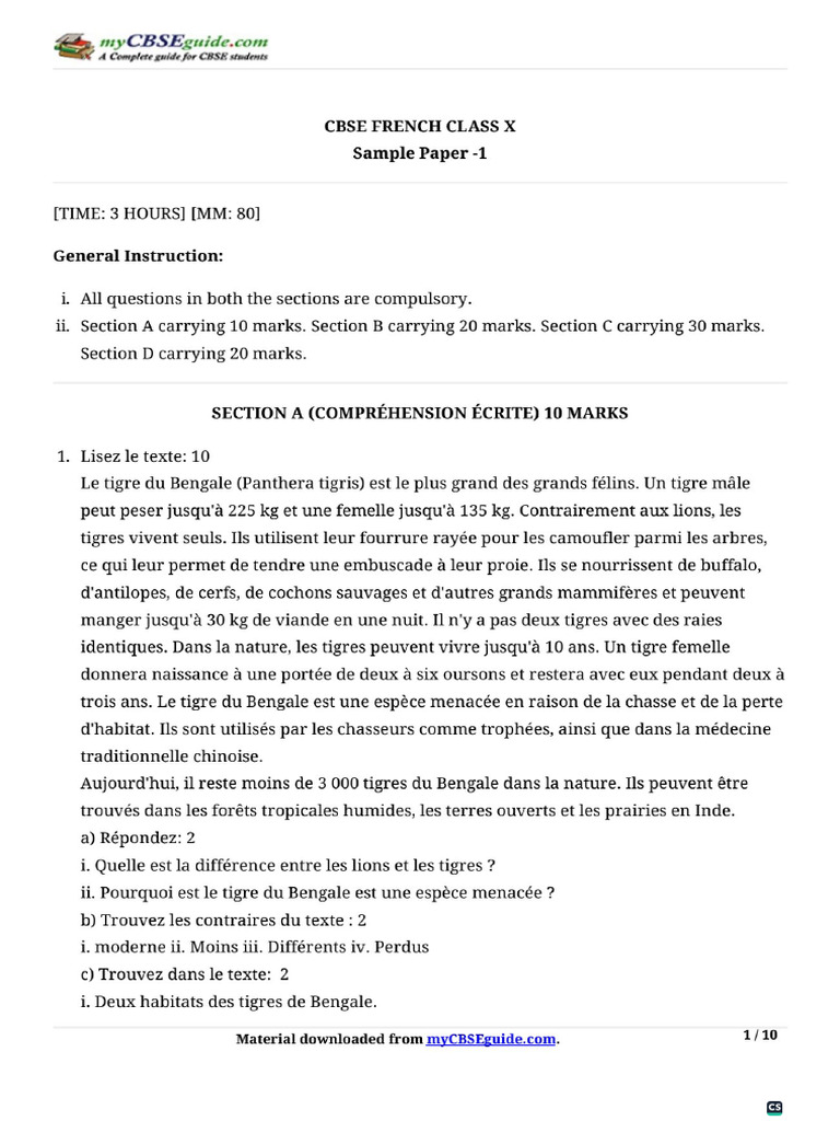 10 French Sample Paper 1 | PDF