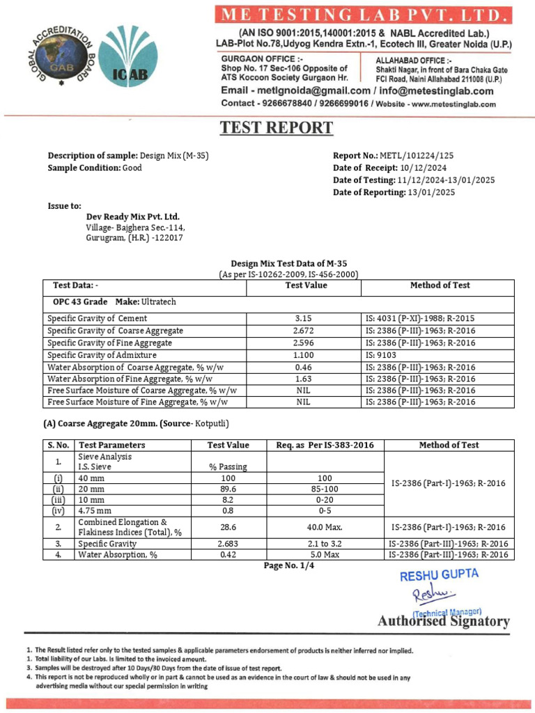 M-35 Concrete Mix Design Test Data | PDF | Concrete | Materials