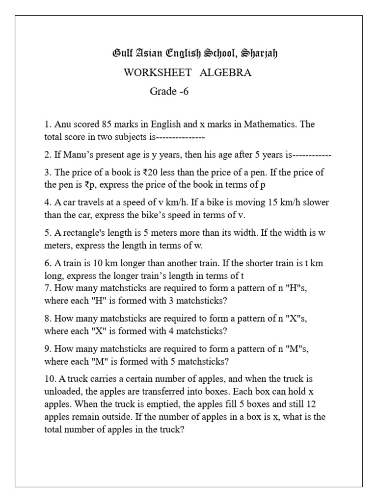 Algebra Worksheet | PDF