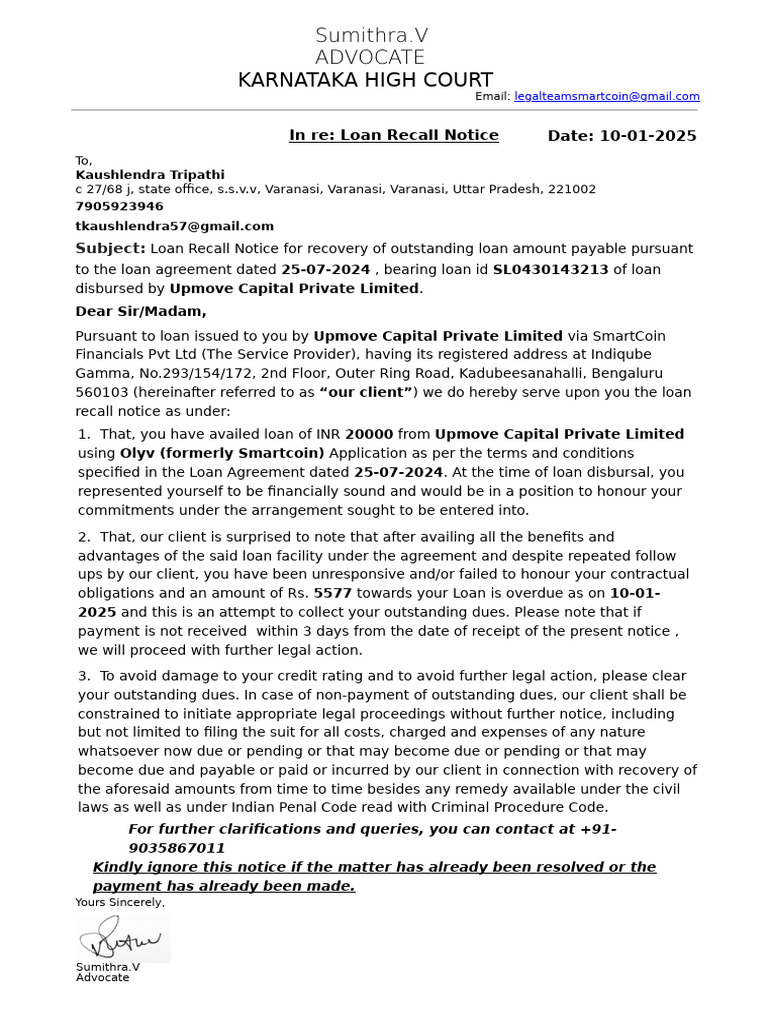 Loan Recall Notice from Upmove Capital | PDF | Loans | Justice