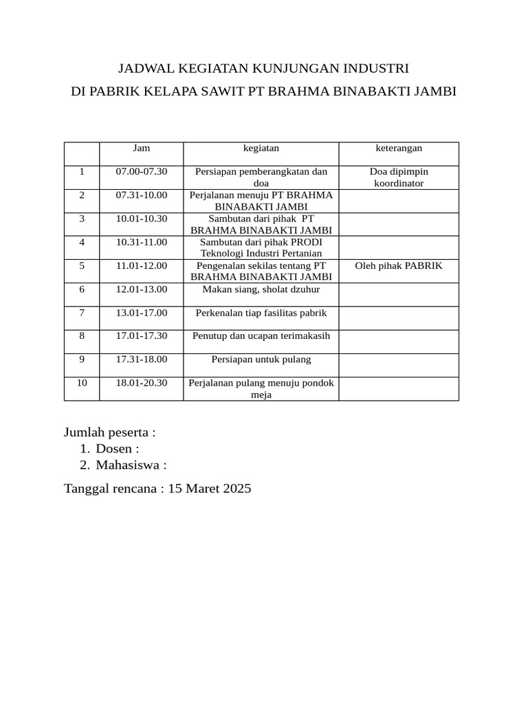 Jadwal Kegiatan Kunjungan Industri | PDF