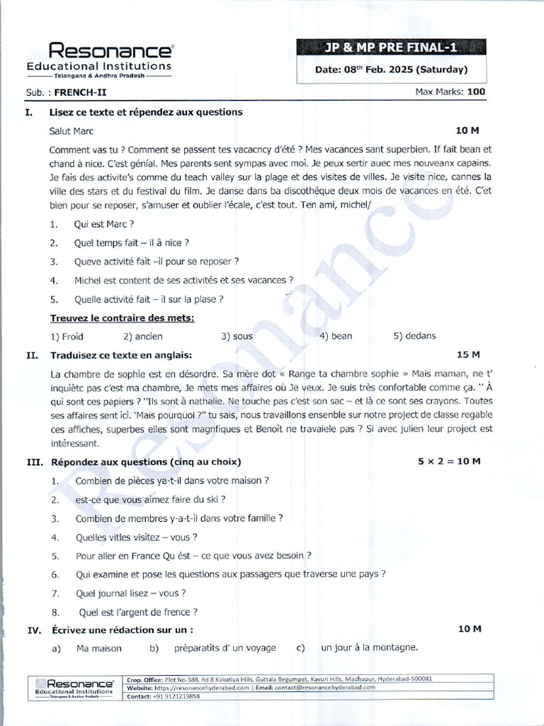 Pre Final - I JP French-Ii Q.P | PDF