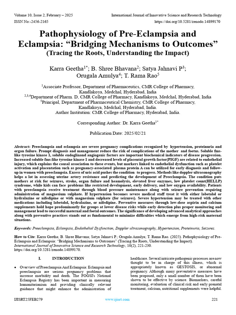 Pathophysiology of Pre-Eclampsia and Eclampsia: "Bridging Mechanisms To Outcomes" (Tracing The ...