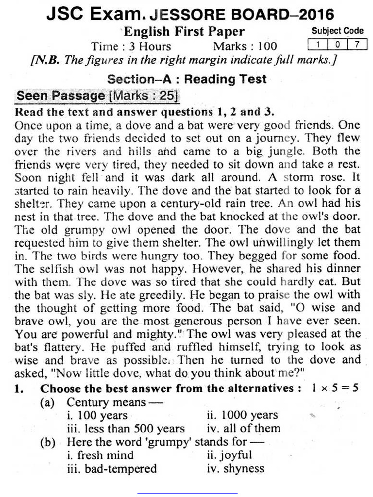 Jessore Board JSC English 1st Paper Board Question 2016 | PDF
