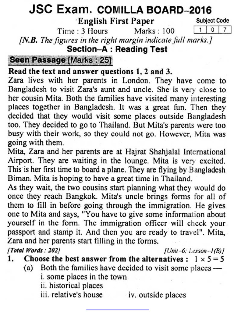 Comilla Board JSC English 1st Paper Board Question 2016 | PDF