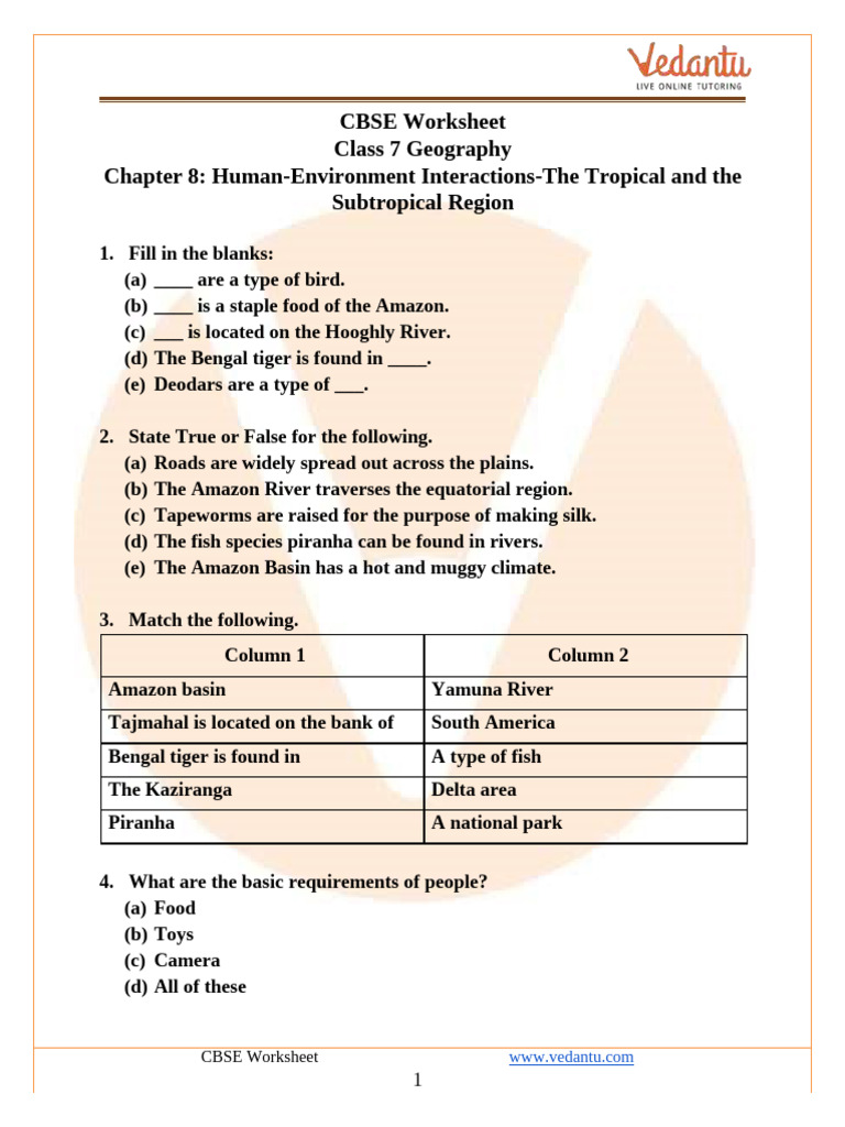 Class 7 Geography Human Environment Interaction Worksheets | PDF ...