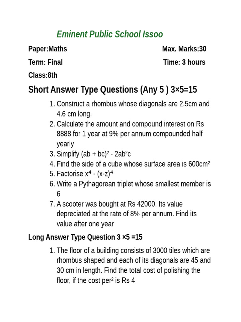 Class 8th Math Paper | PDF