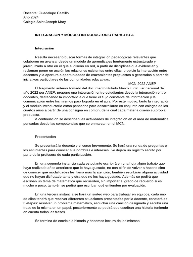 Integración y Módulo Introductorio 4to A | PDF | Pensamiento | Matemáticas