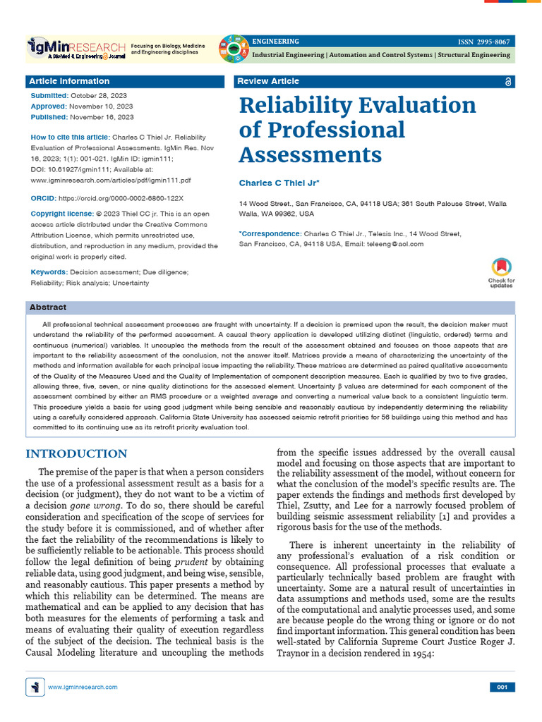 Reliability Evaluation of Professional Assessments | PDF | Reliability Engineering | Risk