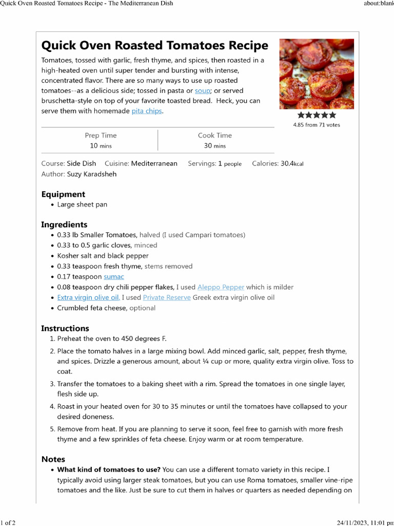 Quick Oven Roasted Tomatoes Recipe - The Mediterranean Dish | PDF ...