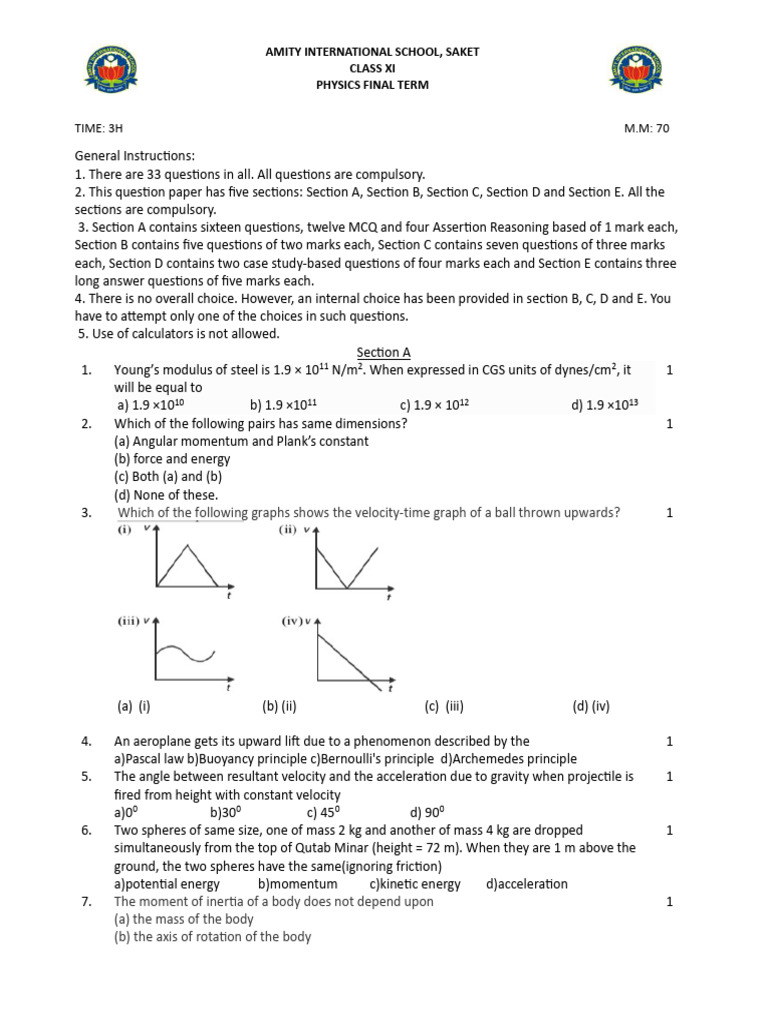 Sample Paper (Physics)-XI | PDF | Force | Momentum
