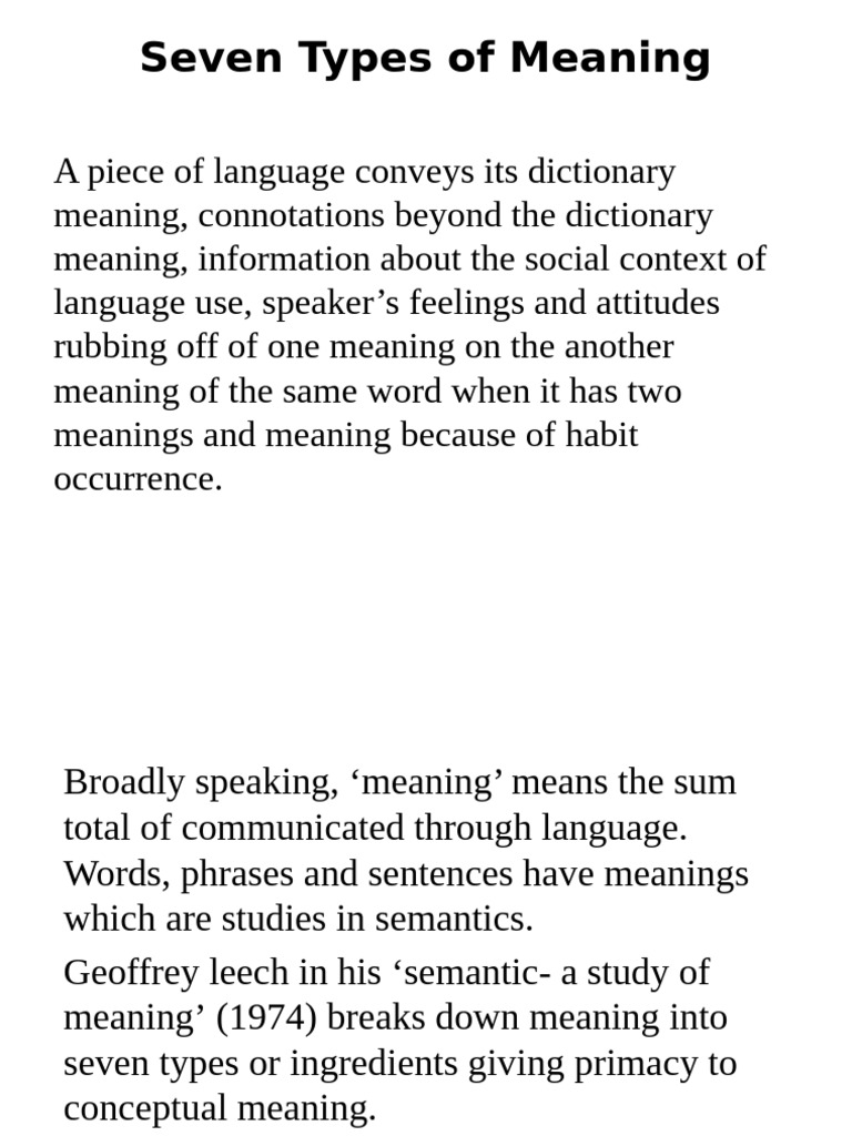 Seven Types of Meaning in Semantics | PDF | Subject (Grammar) | Semantics