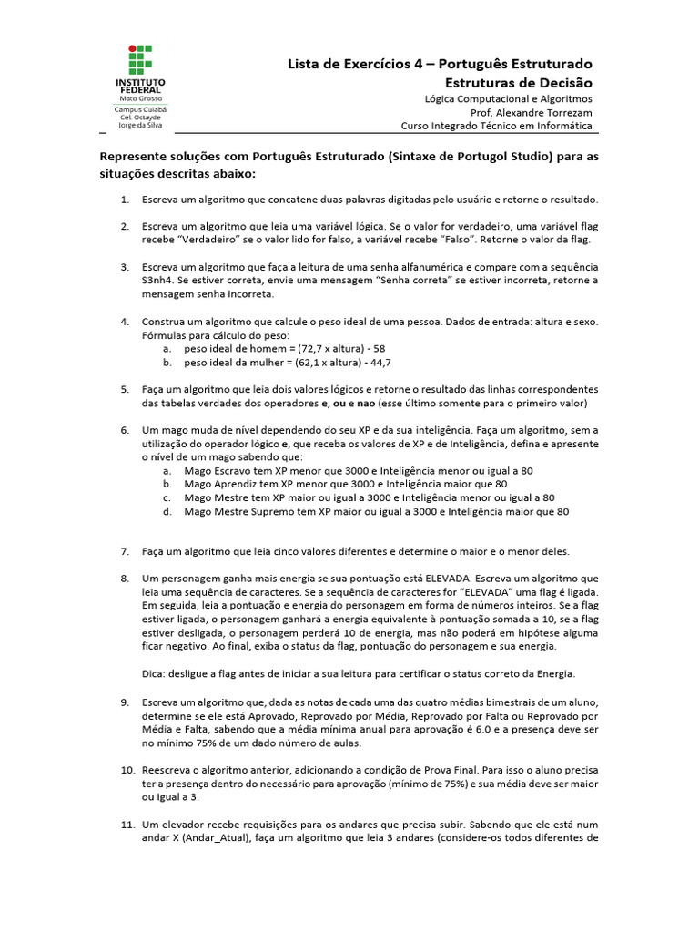 Lista 4 - Estrutura de Decisão (1) | PDF | Algoritmos