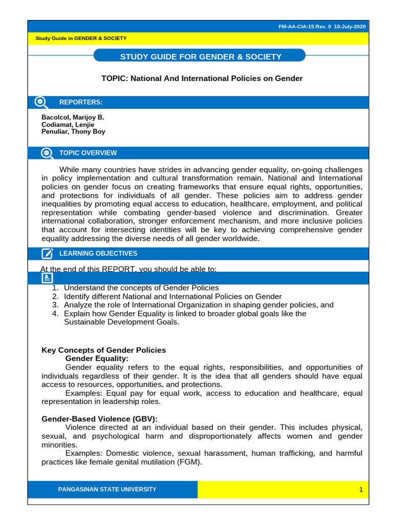 National and International Policies On Gender | PDF | Gender Studies ...