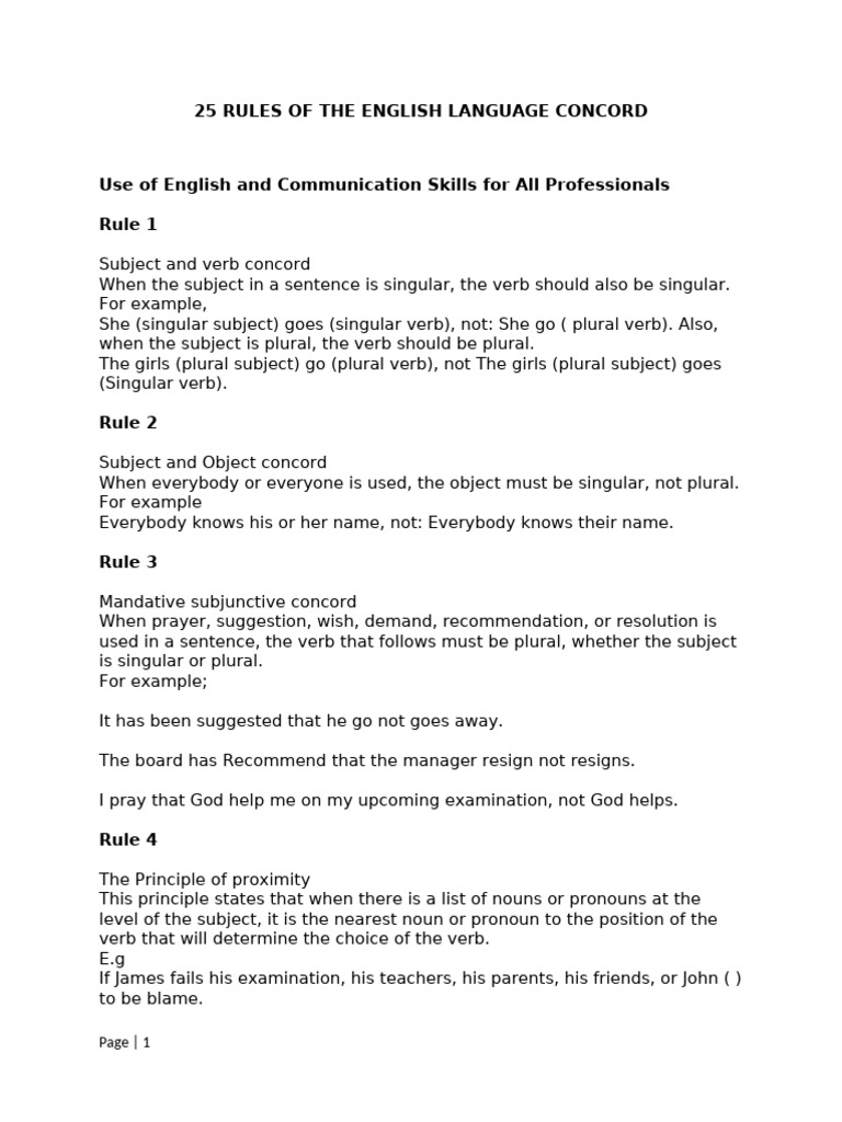 25 Rules of The English Language Concord | PDF | Grammatical Number ...