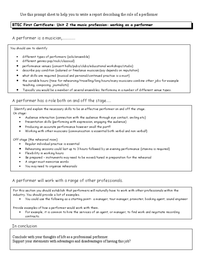 Btec Music Unit 1 Working in The Music Industry Writing Framework | PDF ...