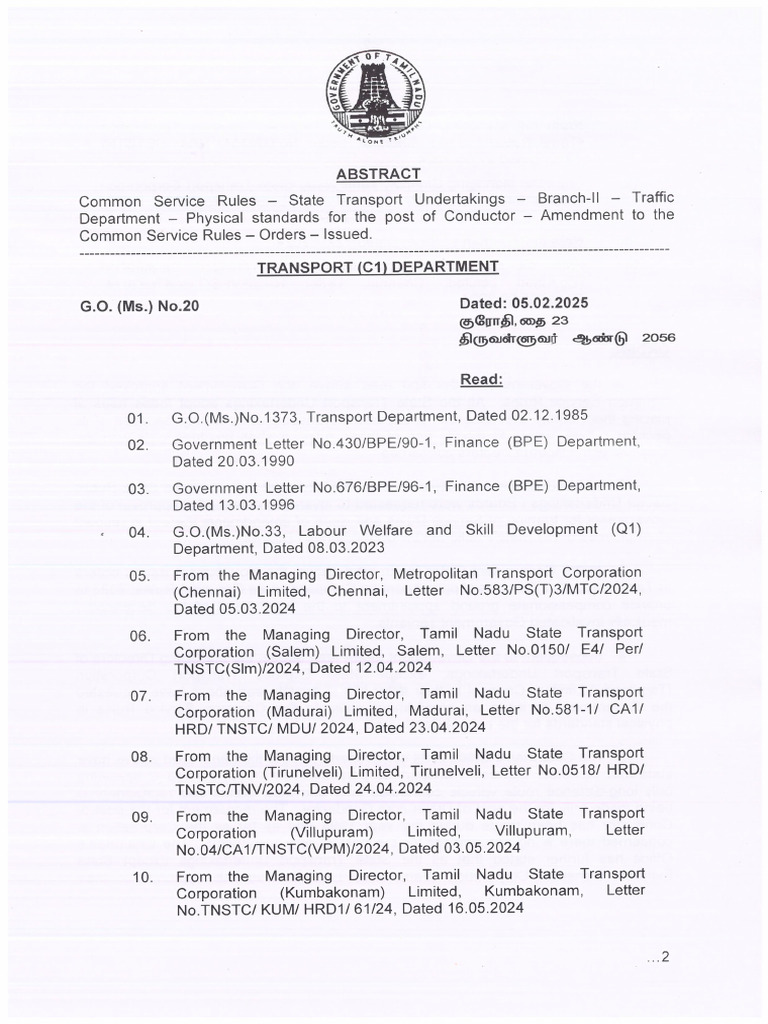 G.O (MS) No.20, Transport (C1) Department, dt.05.02.2025 (Physical ...