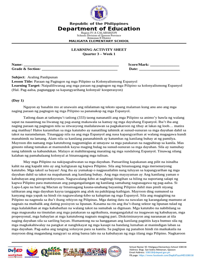 Learners Activity Scheet -AP-Q3 | PDF