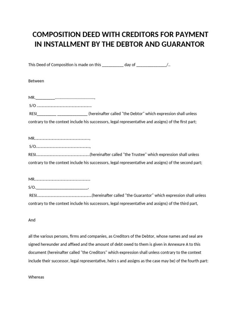 Composition Deed With Creditors For Payment in Installment by The ...