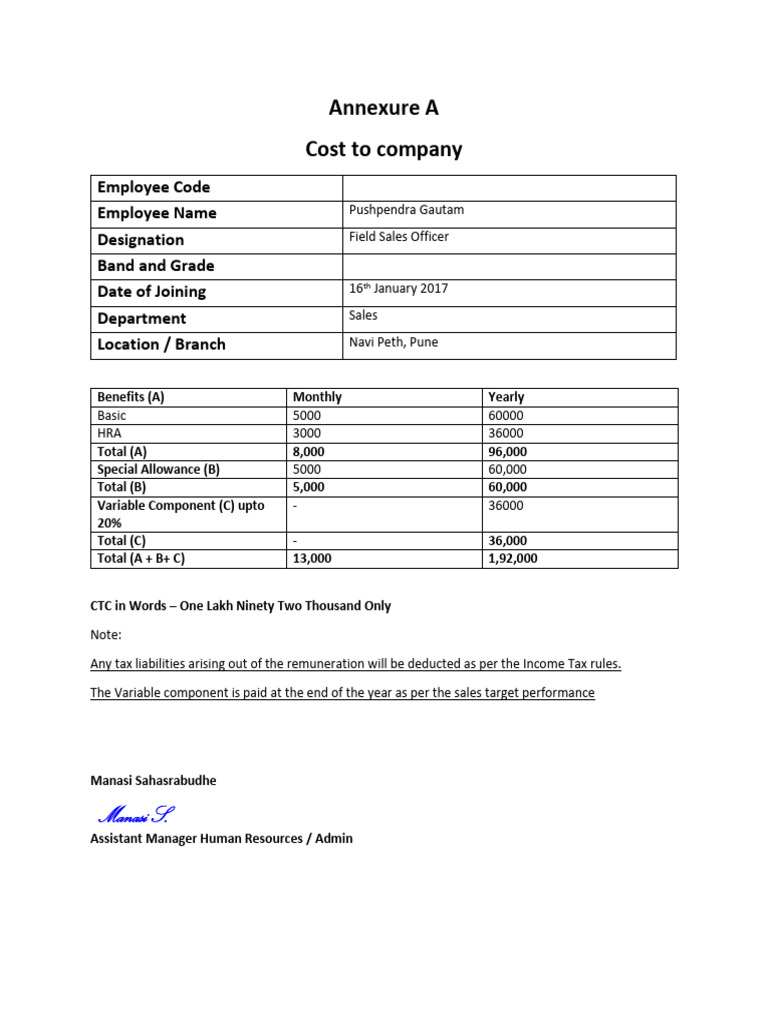 Annexure I - Salary Structure - Pushpendra Gautam | PDF