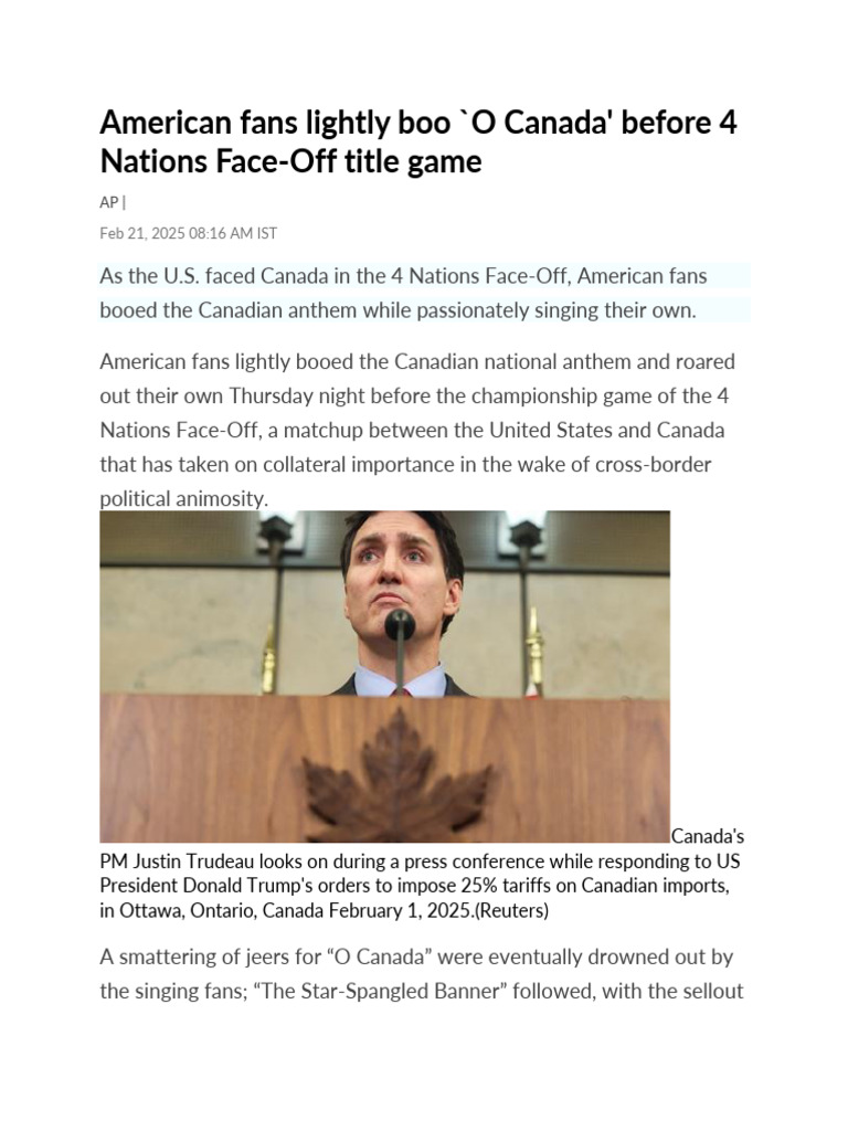 U.S. Fans Boo Canada Anthem at Face-Off | PDF | Wayne Gretzky | Ice Hockey