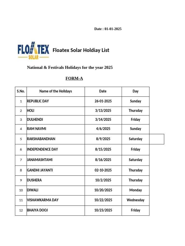 2025 Floatex Holiday Calendar | PDF