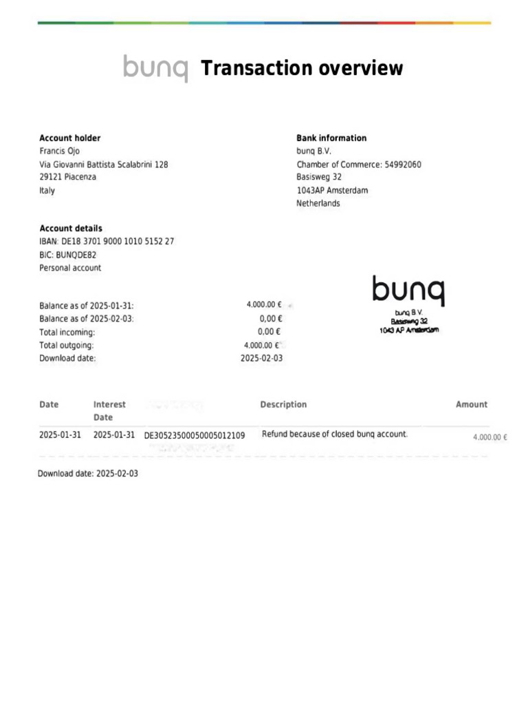 Bunq Account Closing Statement | PDF