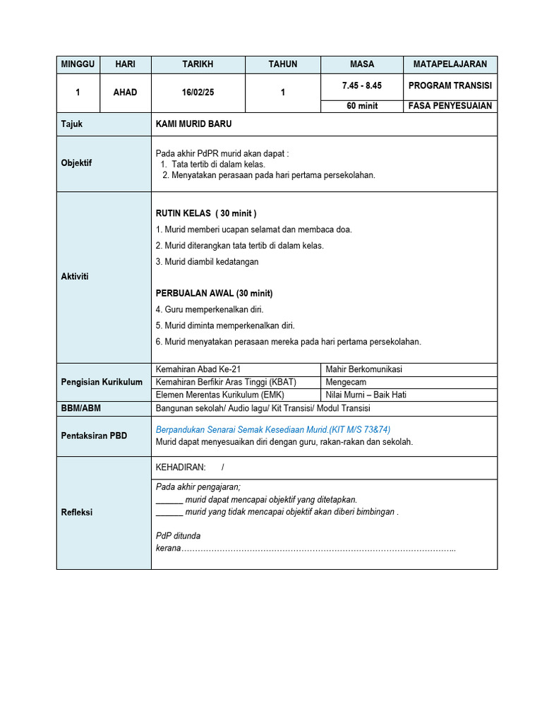 Contoh RPH Transisi F1 Penyesuaian | PDF