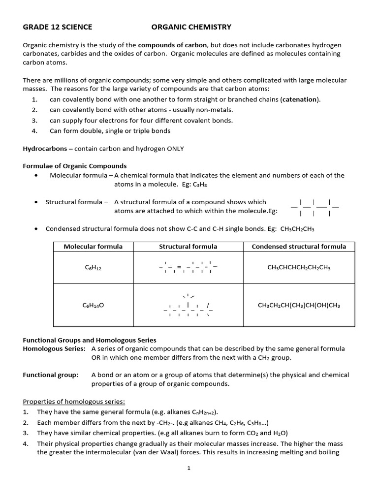 Grade 12 Organic Chemistry Overview | PDF | Chemical Bond | Functional ...