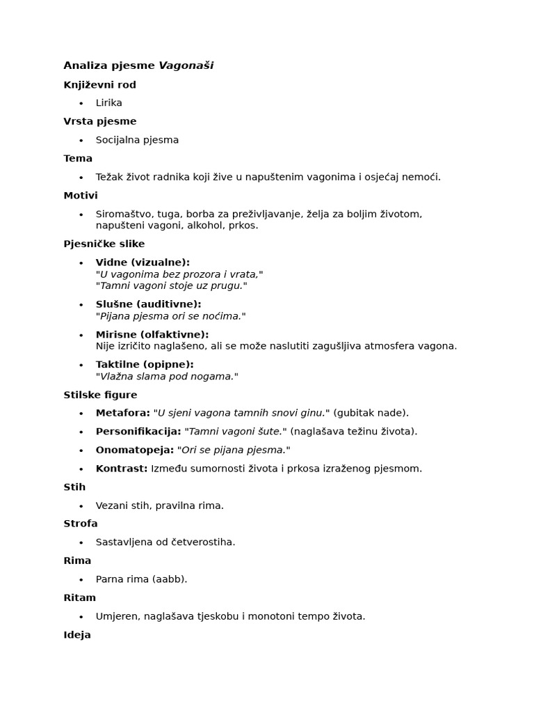 Analiza Pjesme Vagonaši | PDF