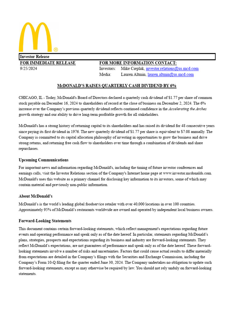 Q4-24 Dividend Release | PDF | Dividend | Mc Donald's