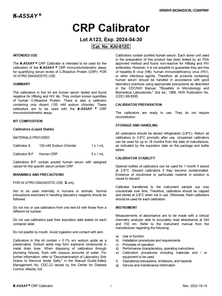 K-ASSAY CRP Calibrator Overview | PDF | C Reactive Protein | Medical ...