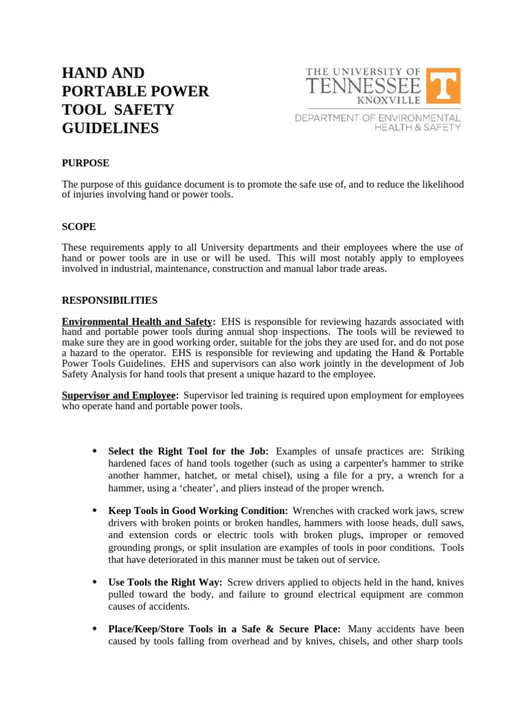 Hand and Portable Power Tool Safety Guidelines | PDF | Knife | Tools
