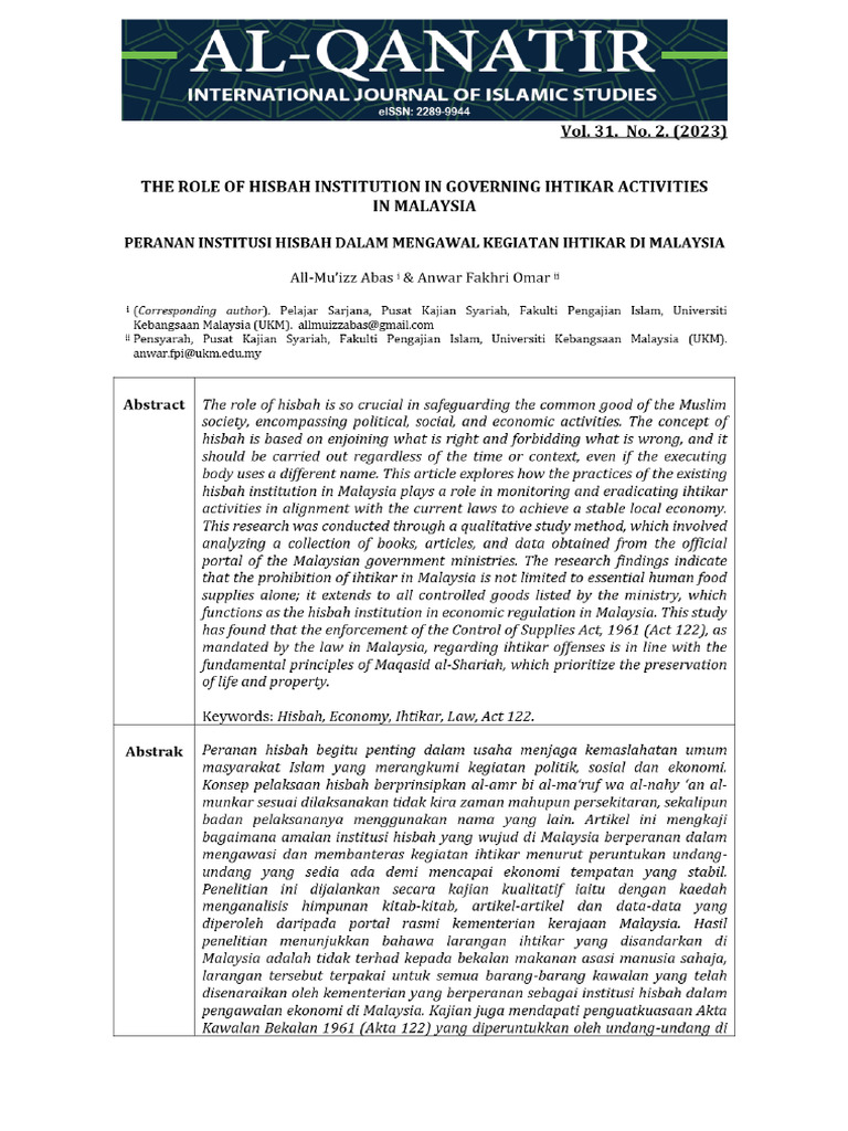 View of The Role of Hisbah Institution in Governing Ihtikar Activities ...