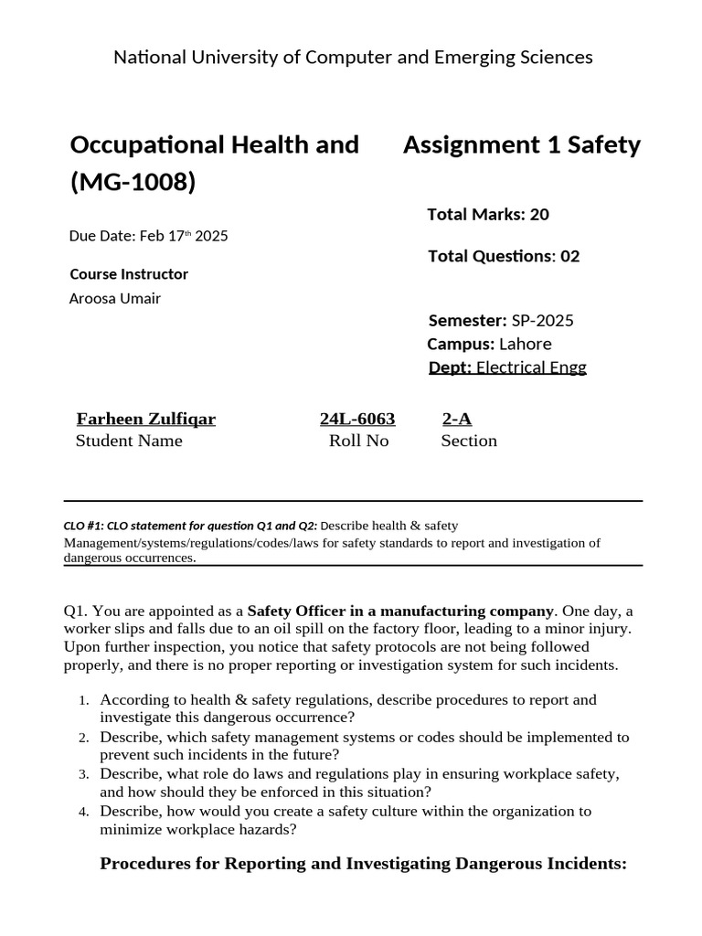 Occupational Health and Safety Assignment | PDF | Occupational Safety And Health | Safety