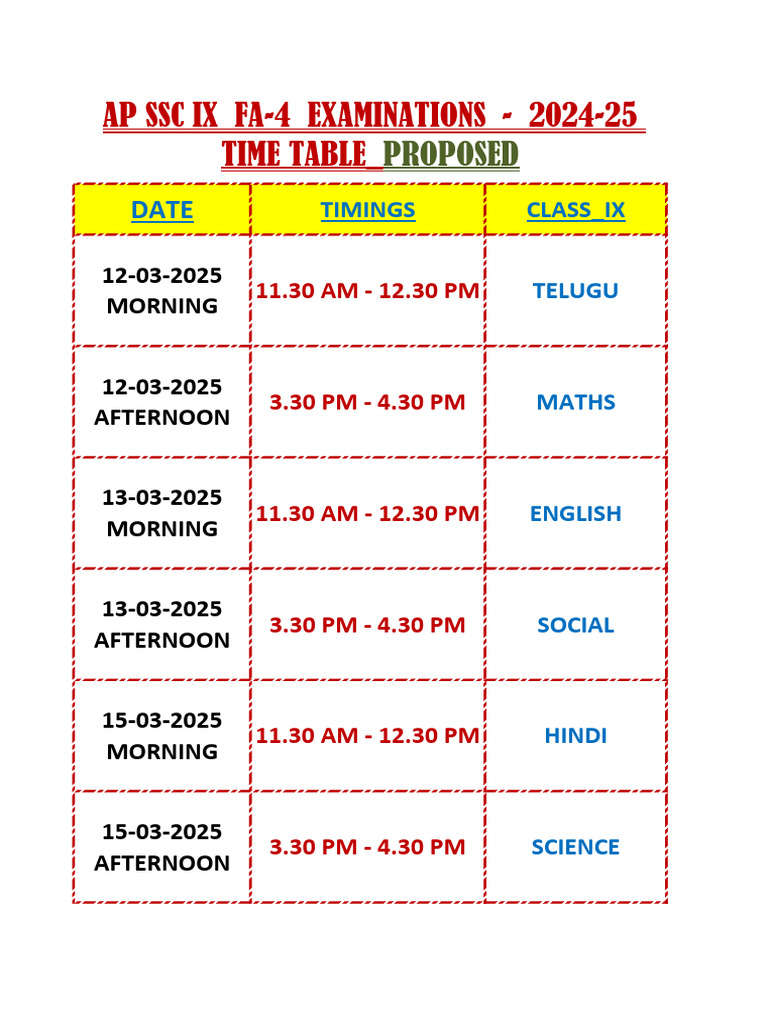 AP SSC Ix Formative Assessment-4 Examinations - 2024-25 - Time Table | PDF