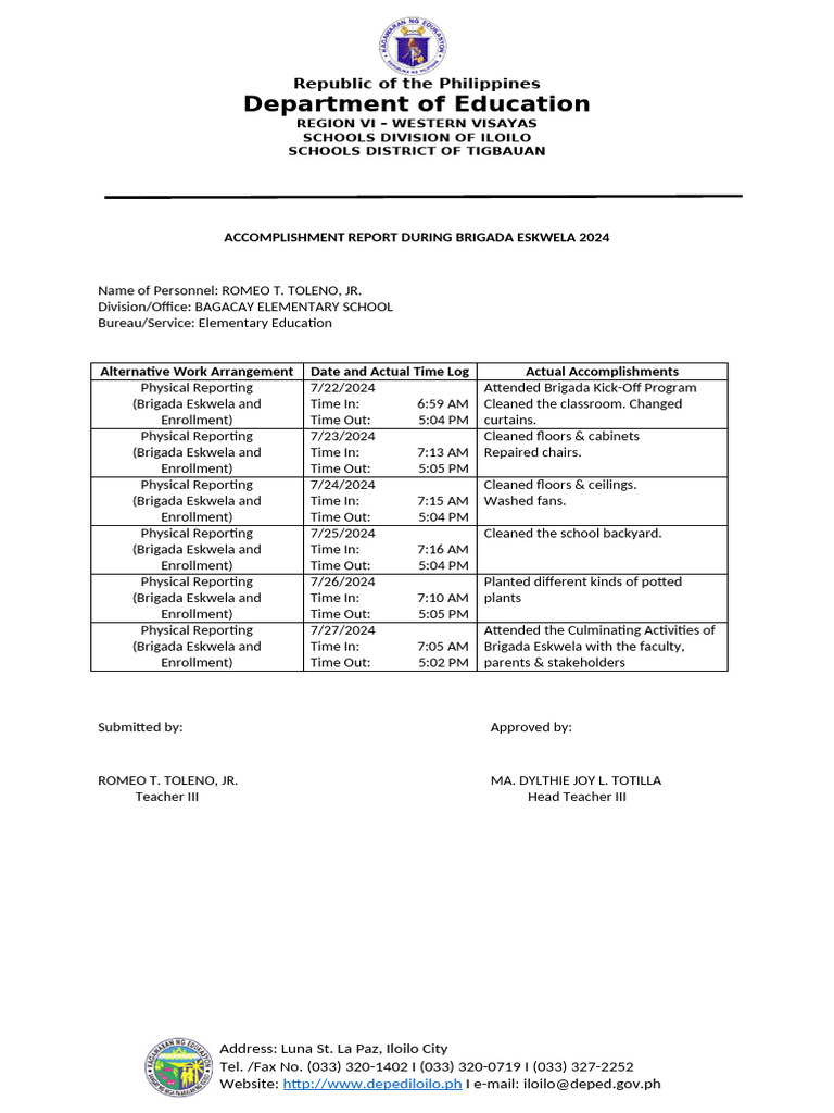 Brigada Eskwela 2024 Accomplishment Report | PDF | Philippines