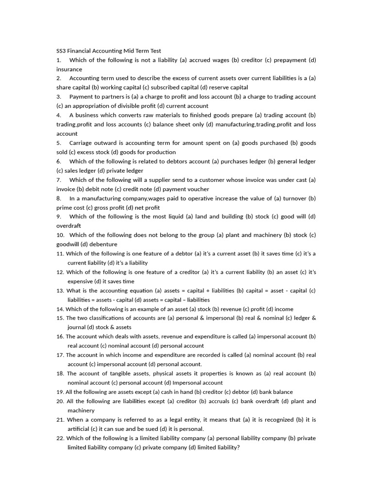 SS3 Financial Accounting Midterm Questions | PDF | Debits And Credits ...