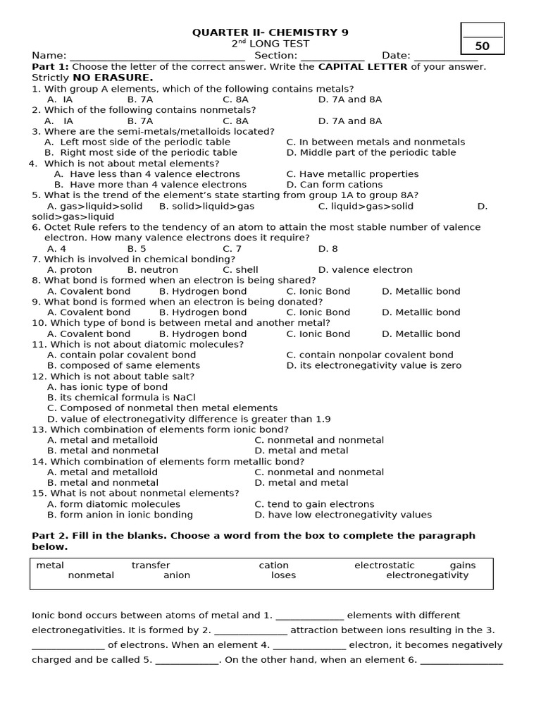 Q2 Chemistry Long Test 2a | PDF | Ionic Bonding | Chemical Bond